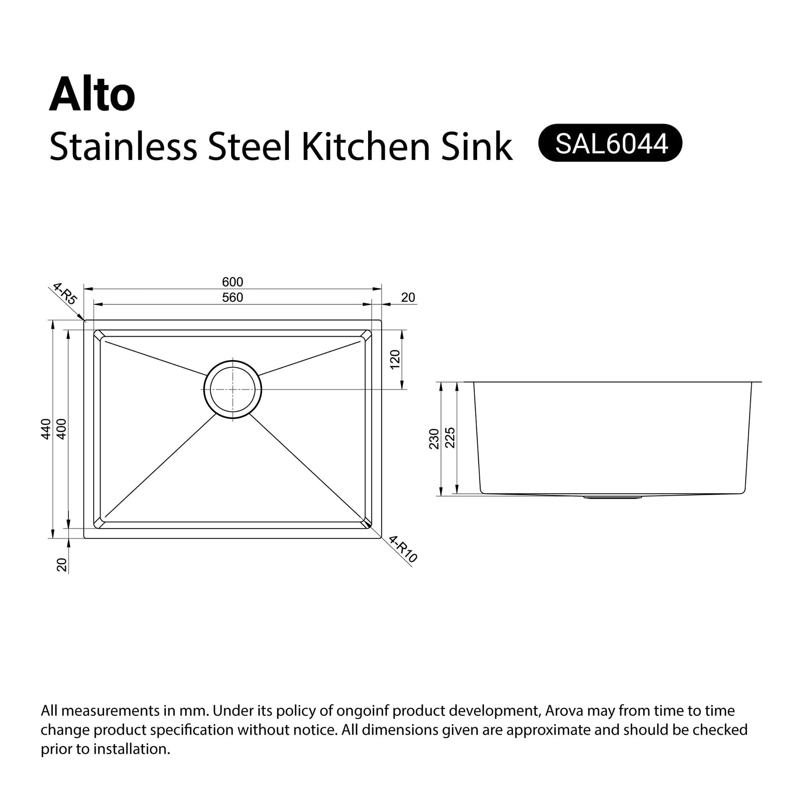 600x440mm Stainless Steel Single Bowl Kitchen Sink Top Undermount | Arova Melbourne – AROVA