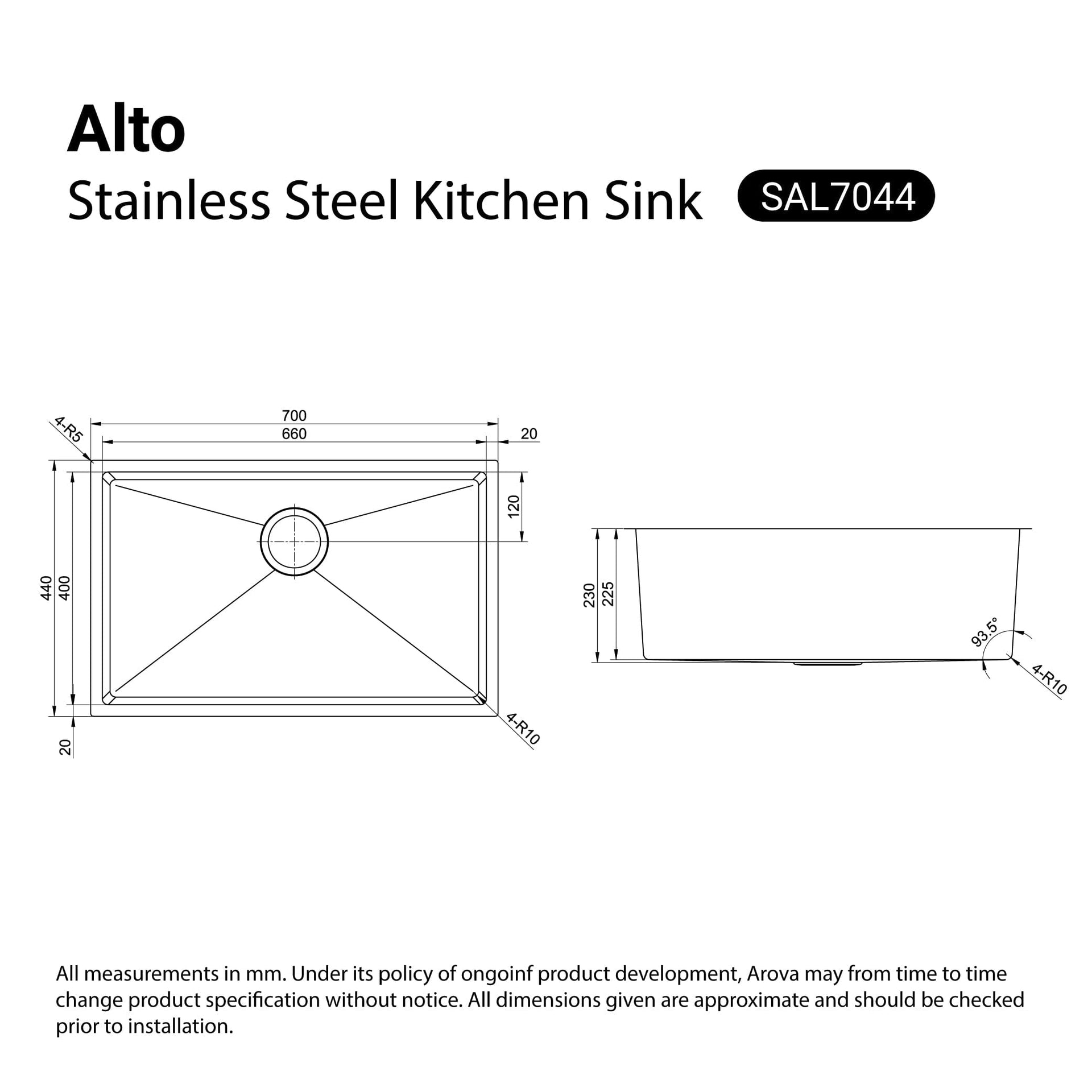 700mm Large Single Bowl Kitchen Sink Stainless Steel Alto | Arova ...