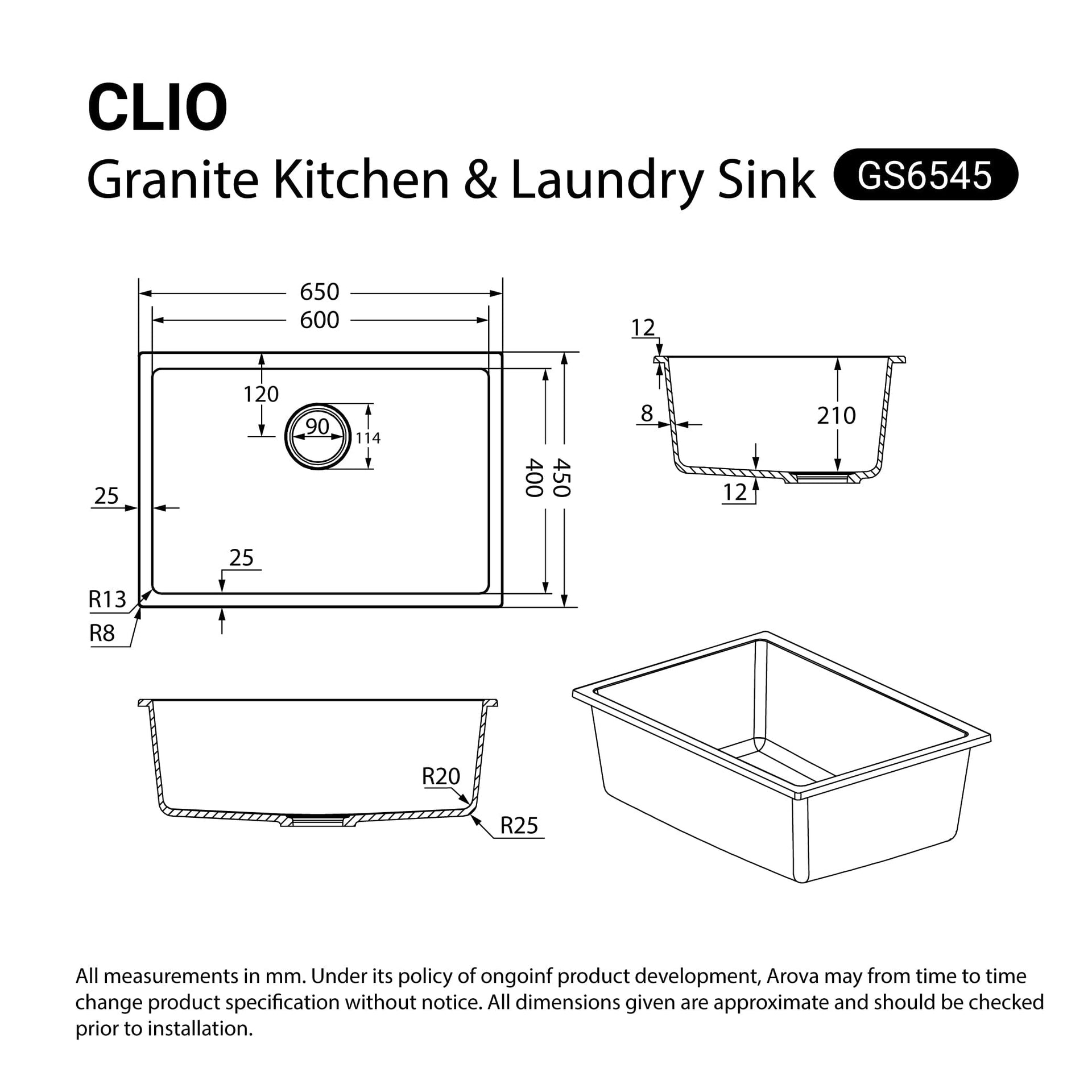 White Granite Stone Kitchen Sink 650x450mm Single Bowl CLIO | Arova ...