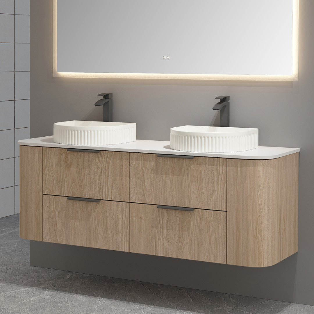 1500mm Curved Wall Hung Bathroom Vanity & Eira Stone Top | Arova ...