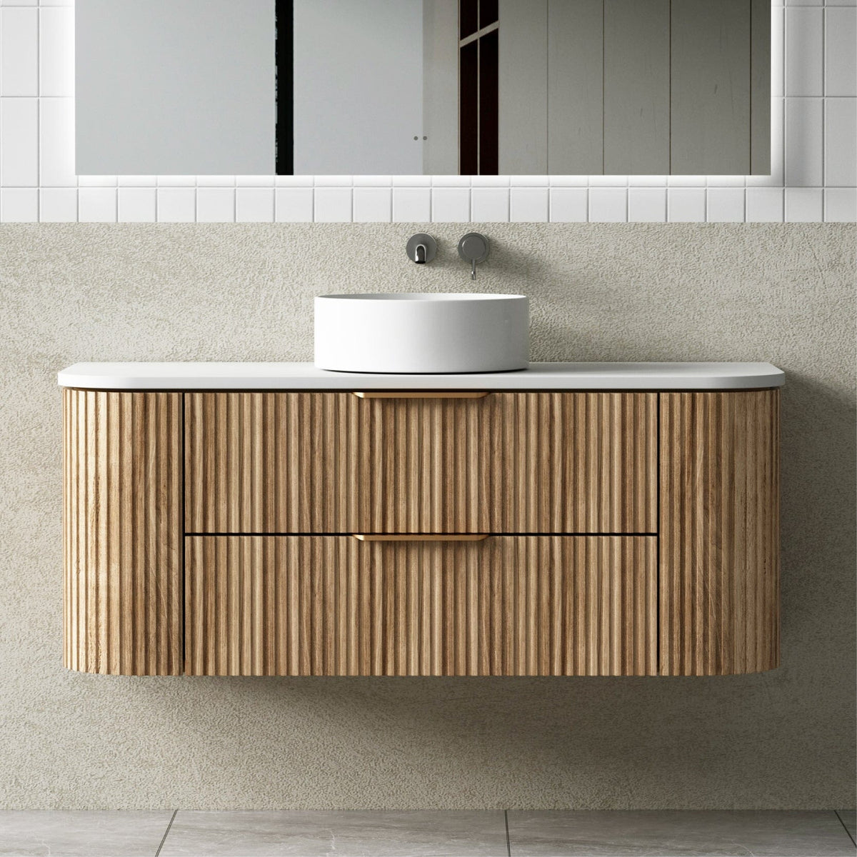 1200mm Curved Fluted Wall Hung Vanity Timber Veneer Hadley + Silica ...