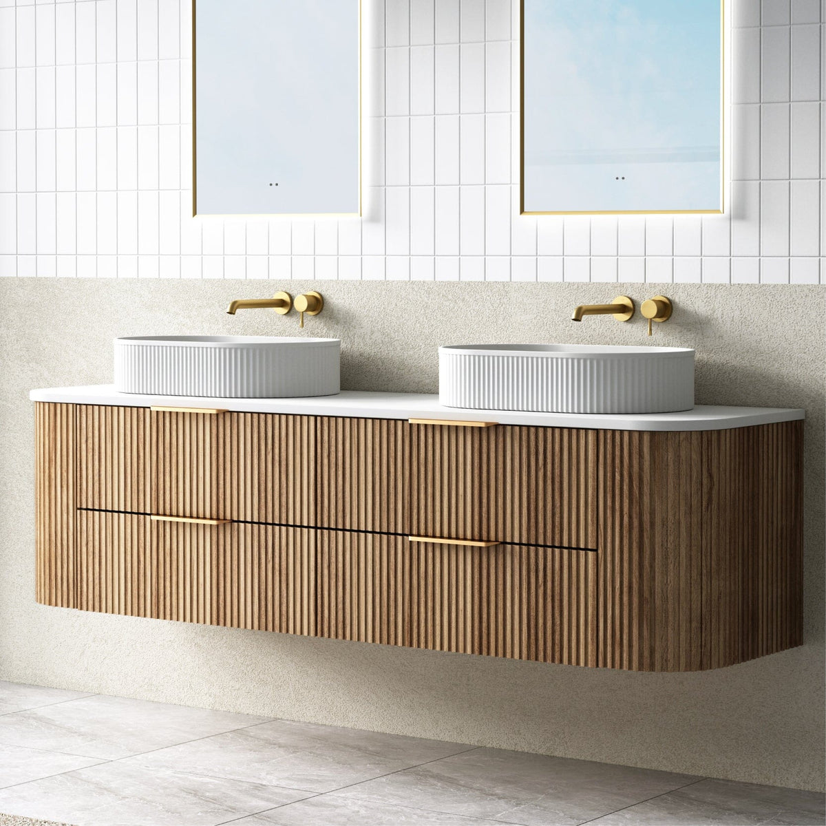 1800mm Curved Fluted Wall Hung Vanity Timber Veneer Hadley + Silica ...