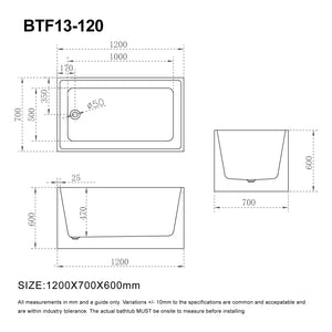 Multi Fit Square Small Freestanding Bathtub LEX 1200mm Gloss White ...