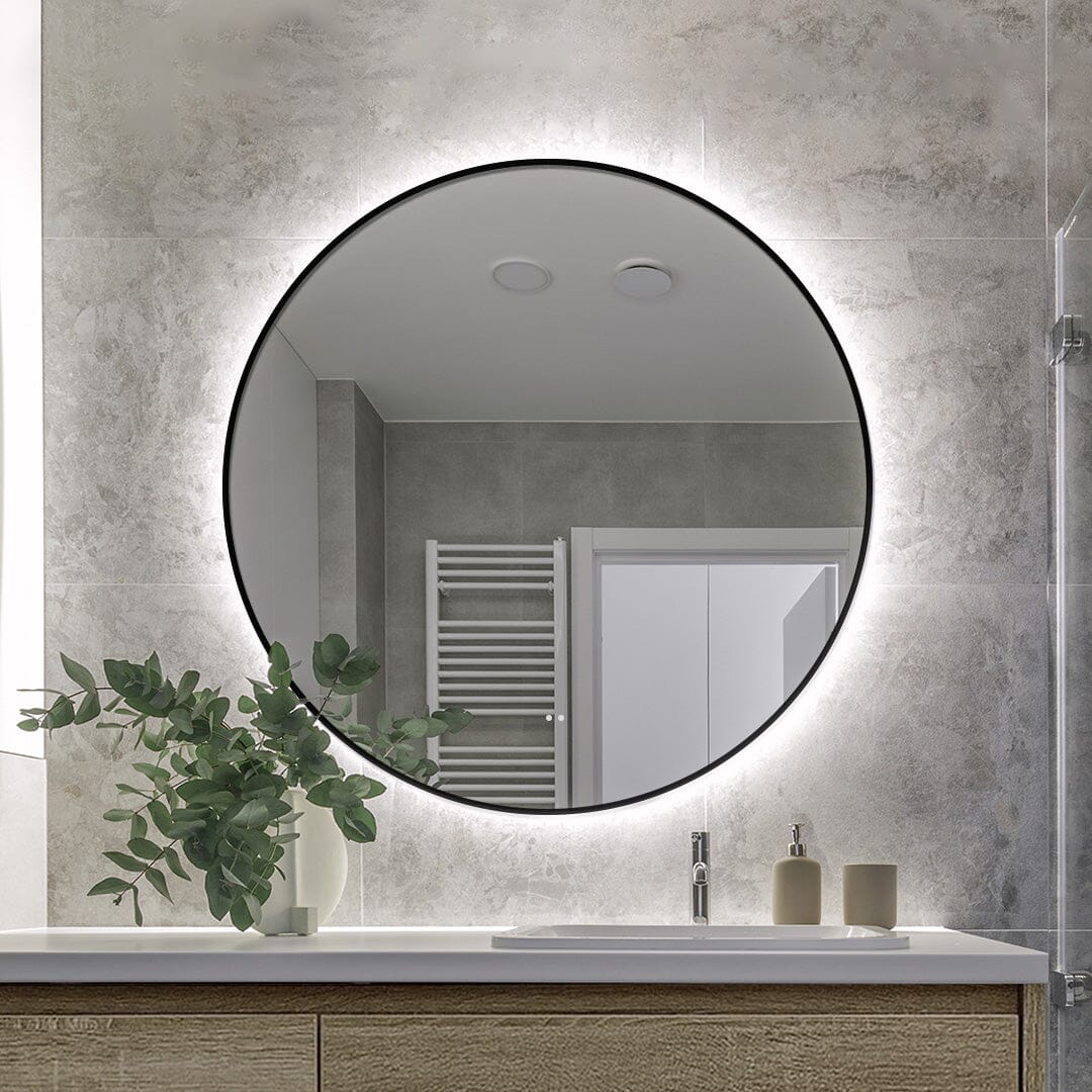Round Led Bathroom Mirror Dimmable Anti-Fog Black Frame 600mm Luna ...