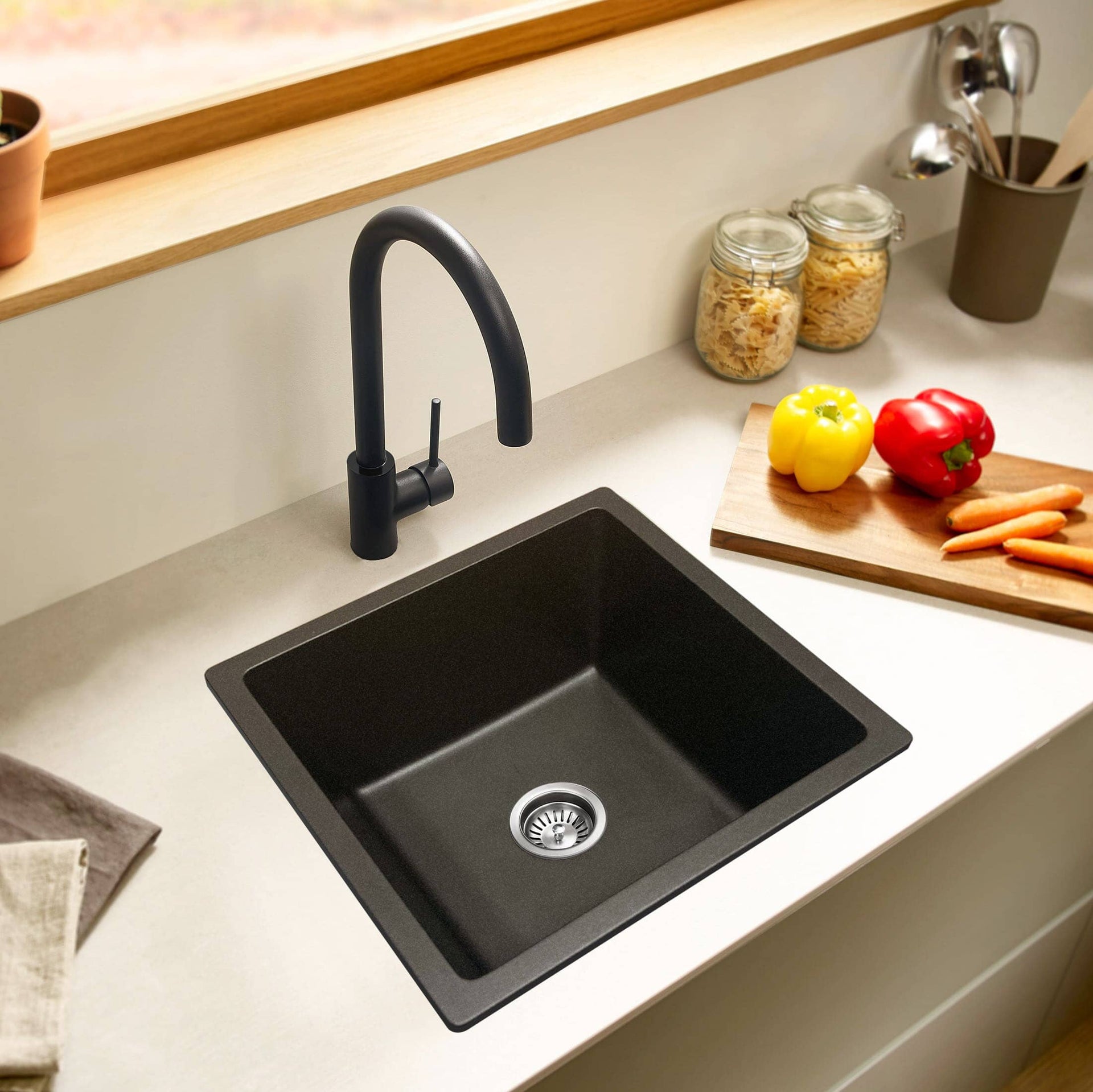 Black Granite Stone Square Kitchen Sink Single Bowl 460x460mm Clio – AROVA