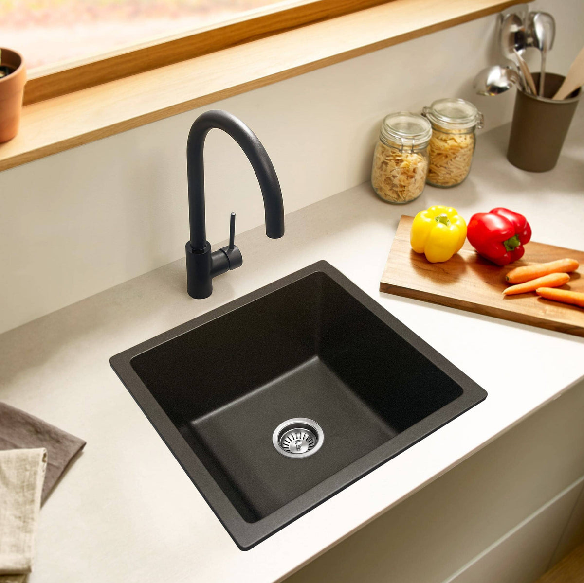 Black Granite Stone Square Kitchen Sink Single Bowl 460x460mm Clio
