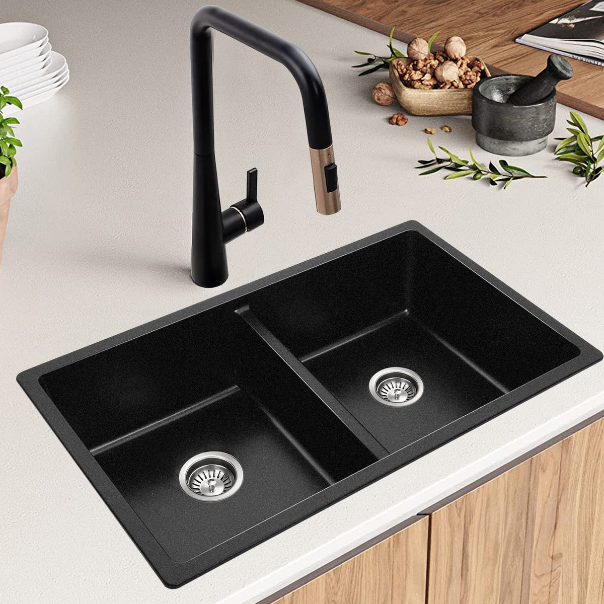 Black Granite Stone Square Kitchen Sink Double Bowls 800x450mm Clio – AROVA