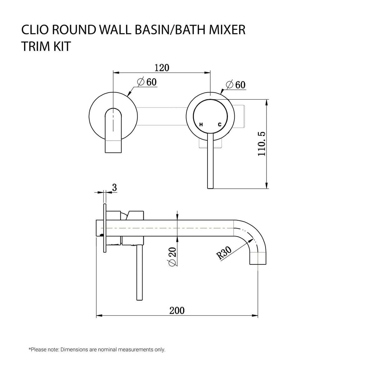 Wall Basin/Bath Mixer 200mm Spout Separate Backplate Tap Round Plate ...